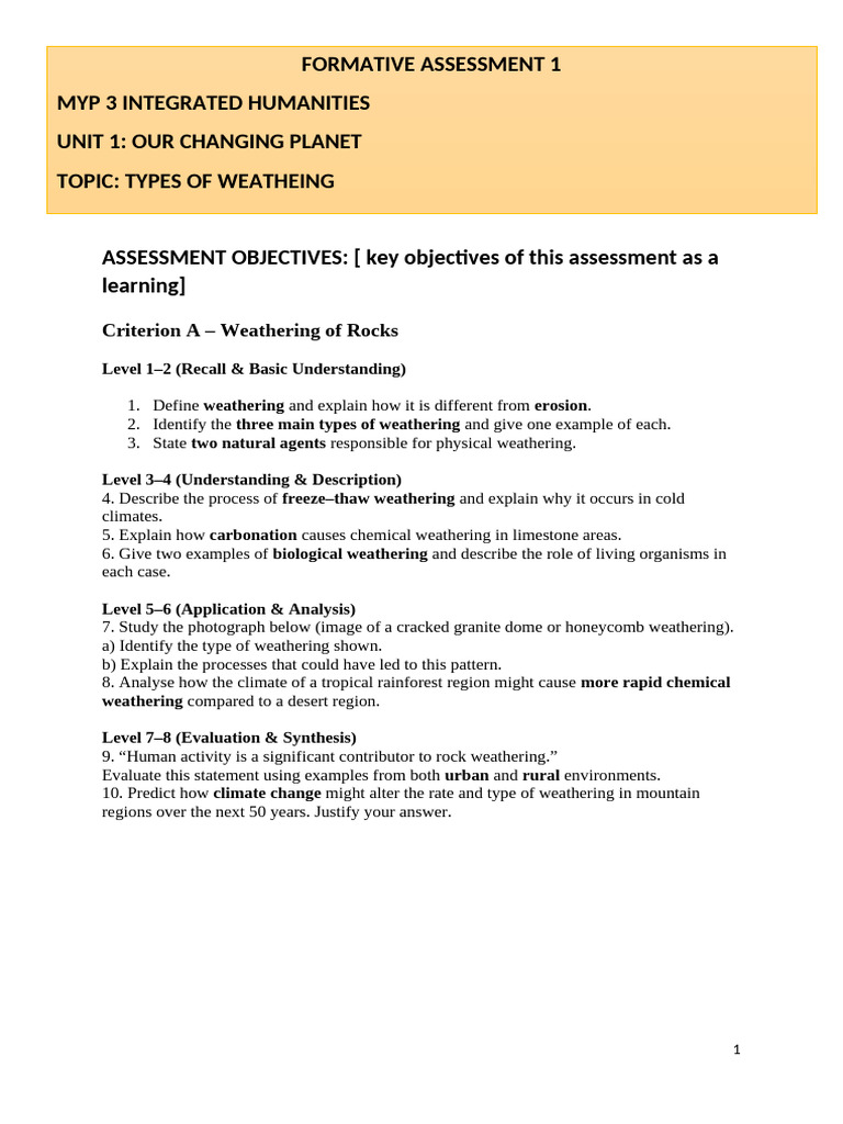 Formative Assessment 1 Grade 8 Unit 1 Our Changing Planet | PDF ...