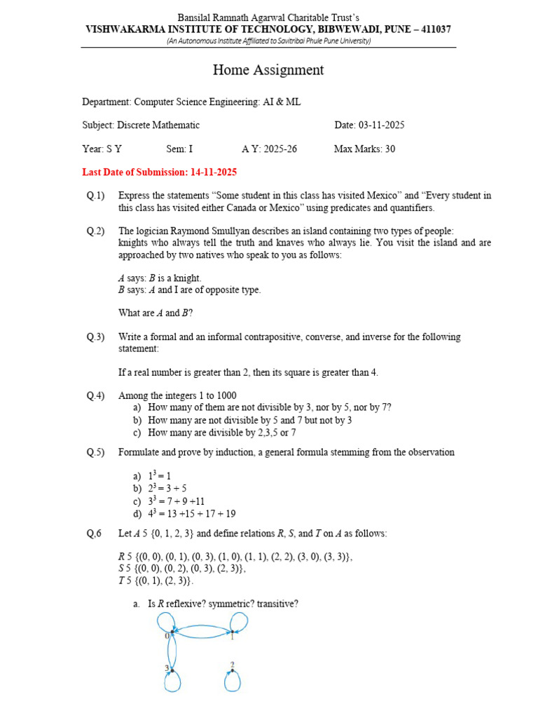 Discrete Mathematics Home Assignment Sem I a Y 2025-26 | PDF | Mathematical Logic | Mathematics