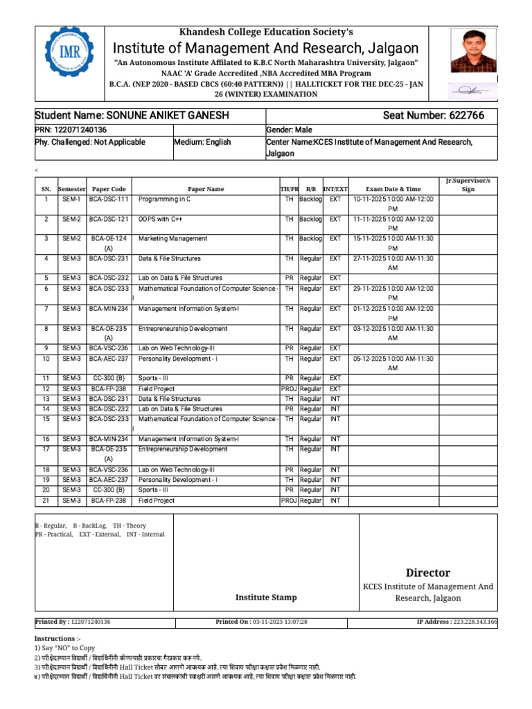 Exam Hall Ticket Print@College - instituteShortName | PDF | Educational ...