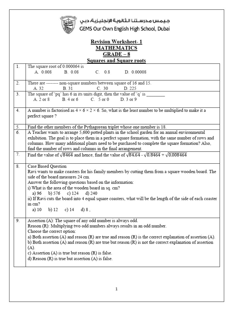 Grade 8 Math: Squares & Square Roots Worksheet | PDF | Numbers ...