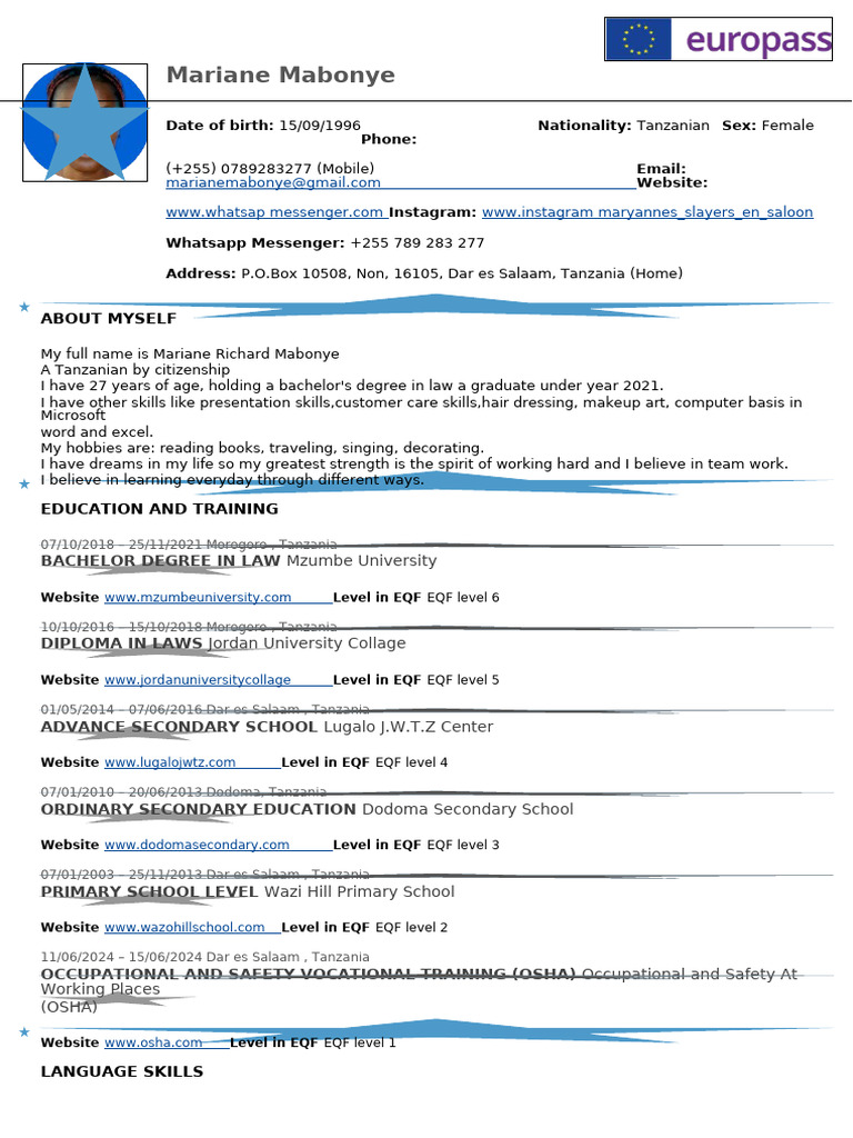 Marianne's Europass CV (Docs) | PDF | Tanzania