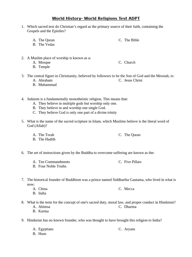 World History - World Religion Test ADPT | PDF | God | Monotheism