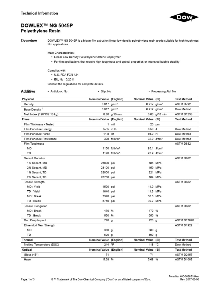 DOWLEX™ NG 5045P Polyethylene Resin Guide | PDF | Polyethylene | Dow ...