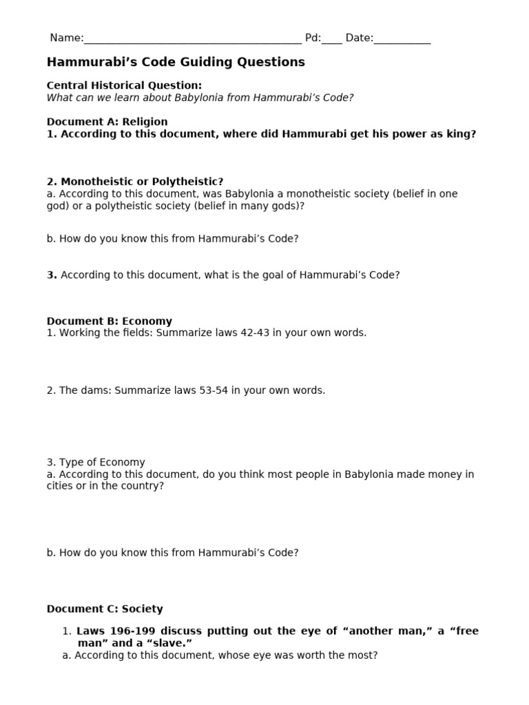 Hammurabis Code Guiding Questions | PDF