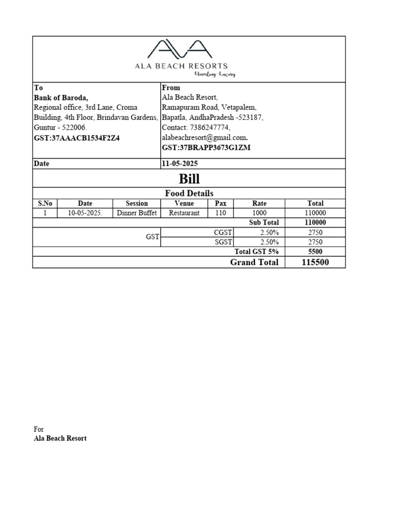 Dinner Buffet Invoice - Ala Beach Resort | PDF