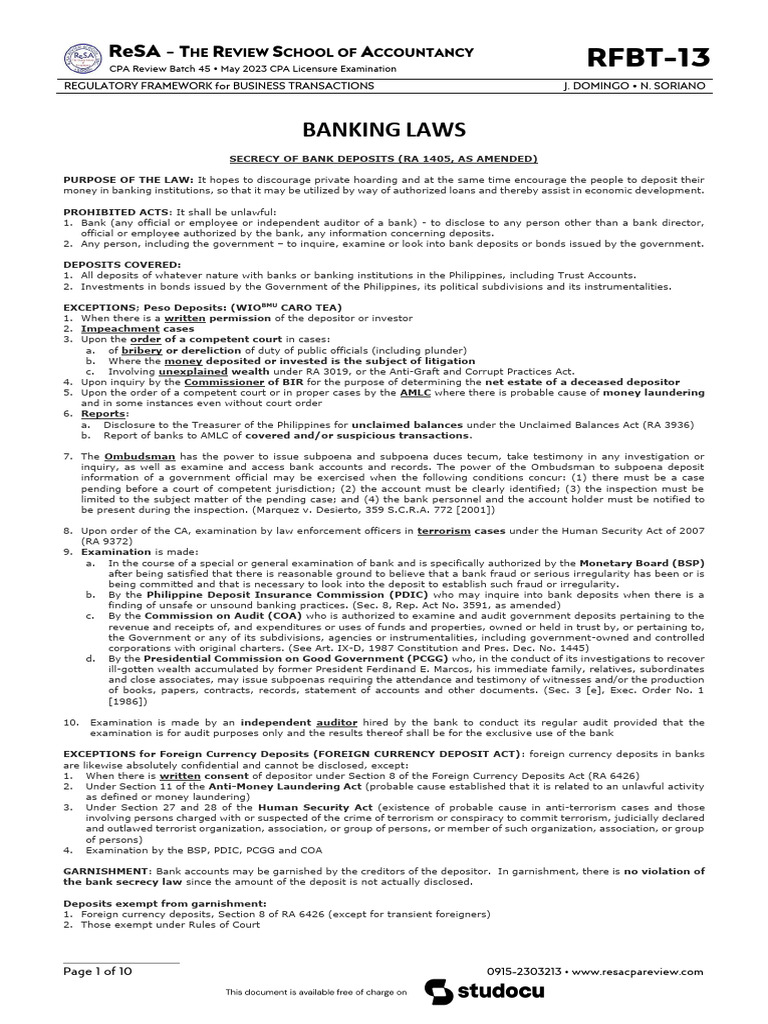 RFBT 13 Banking Lawspdf Version 1 | PDF | Banks | Money Laundering