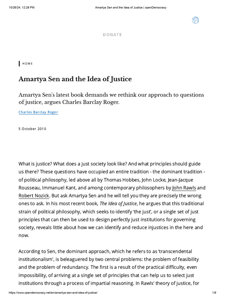 Amartya Sen and the Idea of Justice _ OpenDemocracy(Critique of Rawls) (1) | PDF | Justice ...