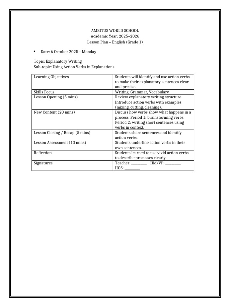 Grade1 English LessonPlan Week2 October2025 | PDF | Teachers | Vocabulary
