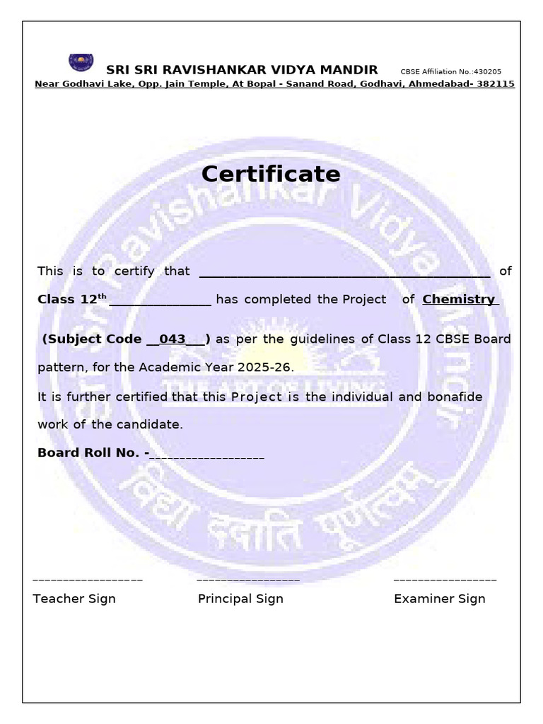 Board Project Certificate Chemistry 181 Copies Pdf