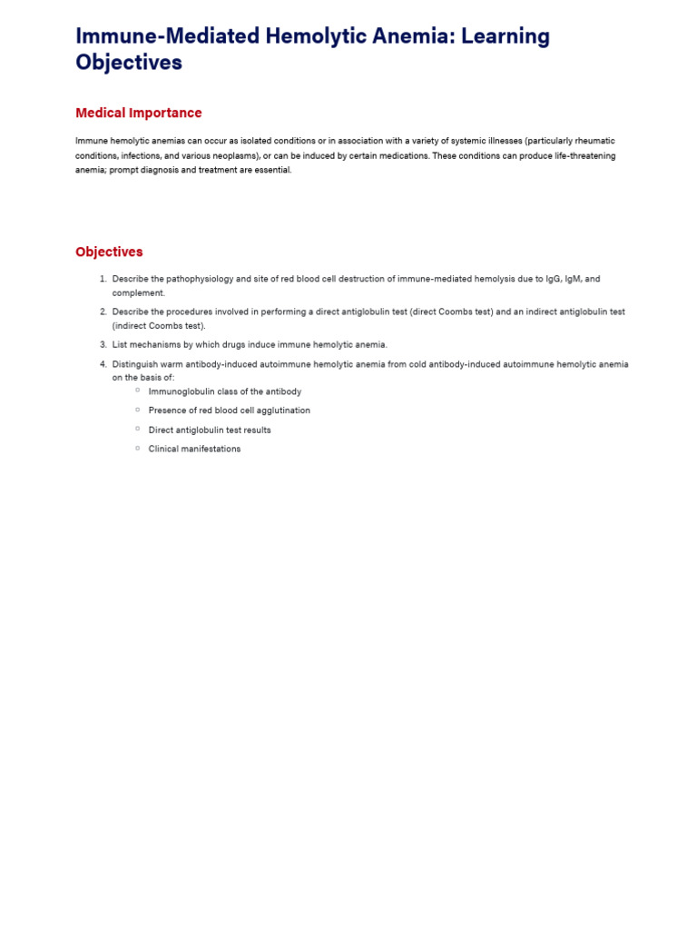 Immune-Mediated Hemolytic Anemia - Learning Objectives | PDF