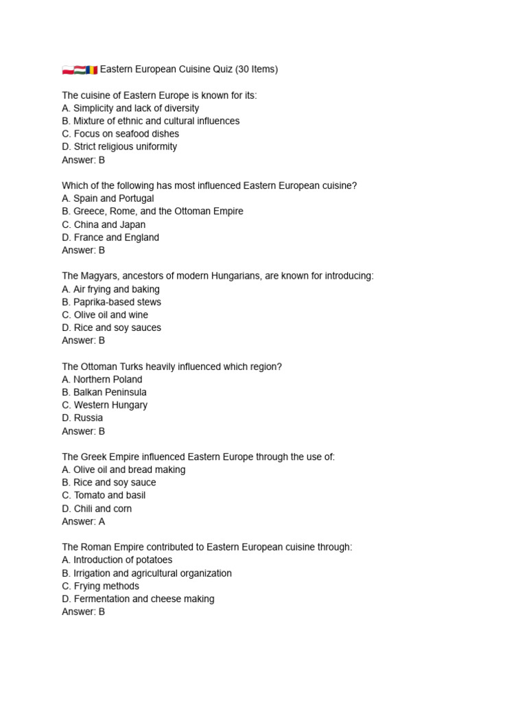 Eastern European Cuisine Quiz: 30 Questions | PDF | Chinese Cuisine ...