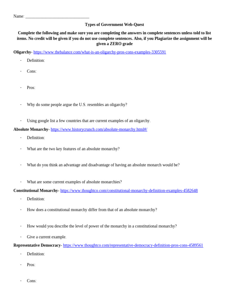 Types of Government Webquest | PDF | Monarchy | Democracy