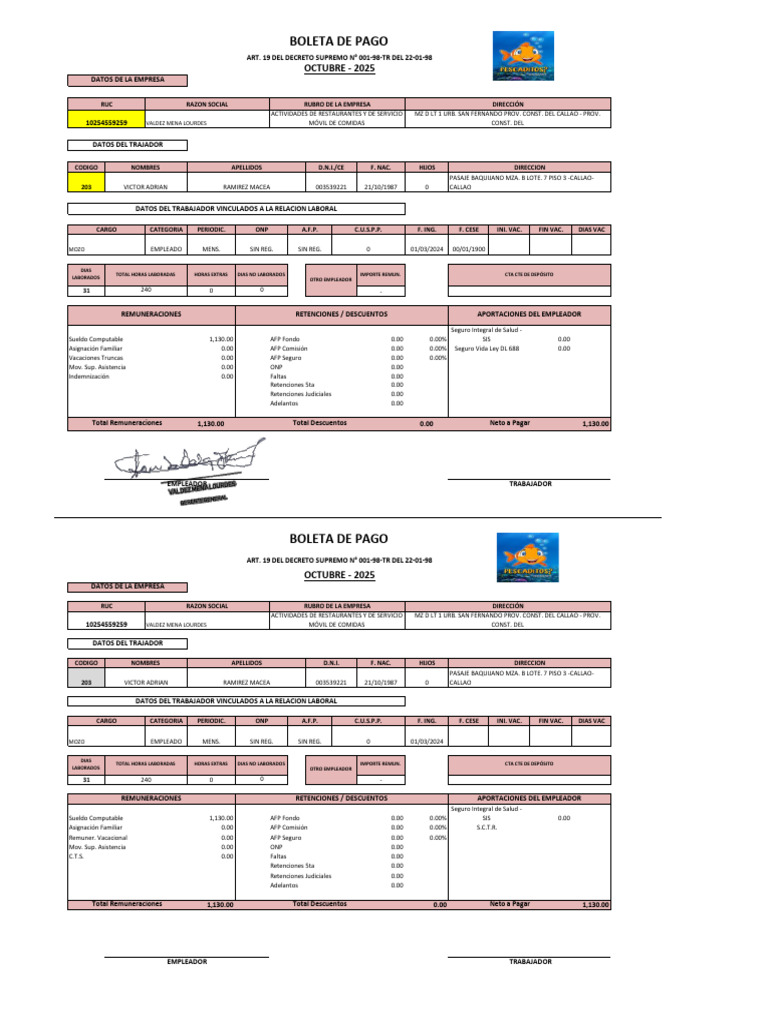 Boletas 203 Victor Adrian Ramirez Macea 003539221 Oct 2025 | PDF | Labor | Business