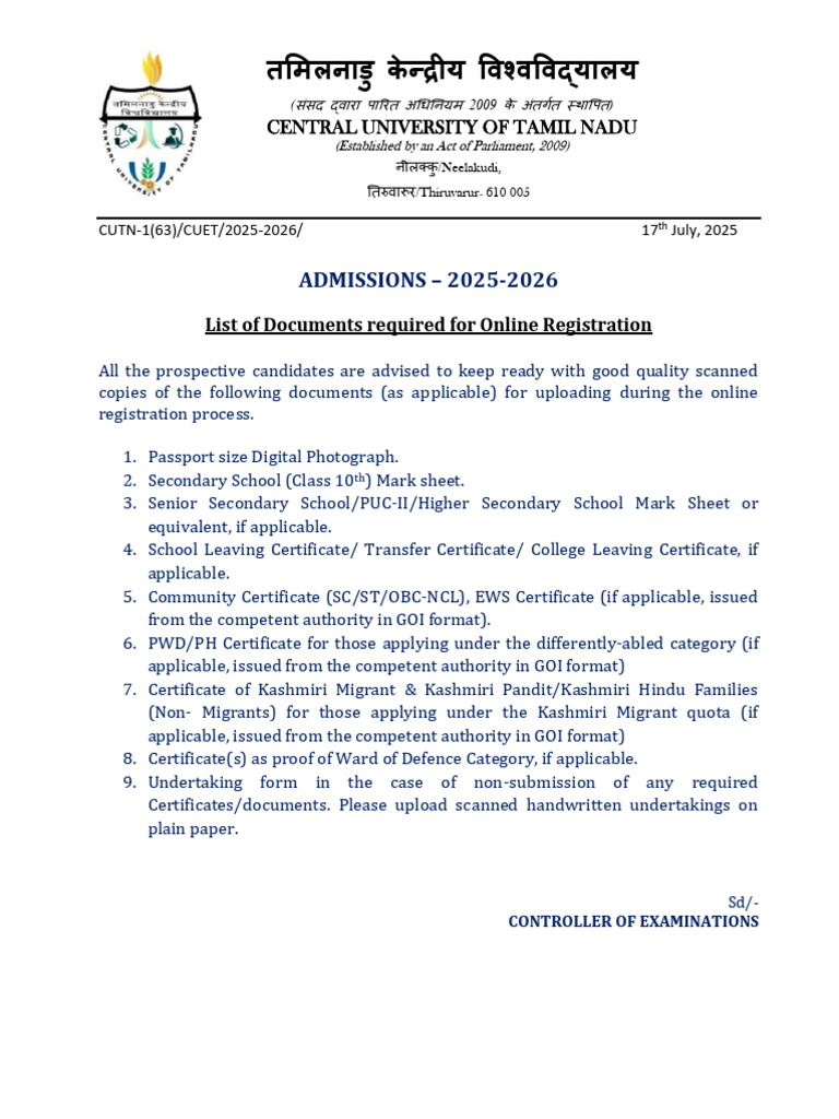 CUET UG 2025 Registration List of Documents 17072025 | PDF