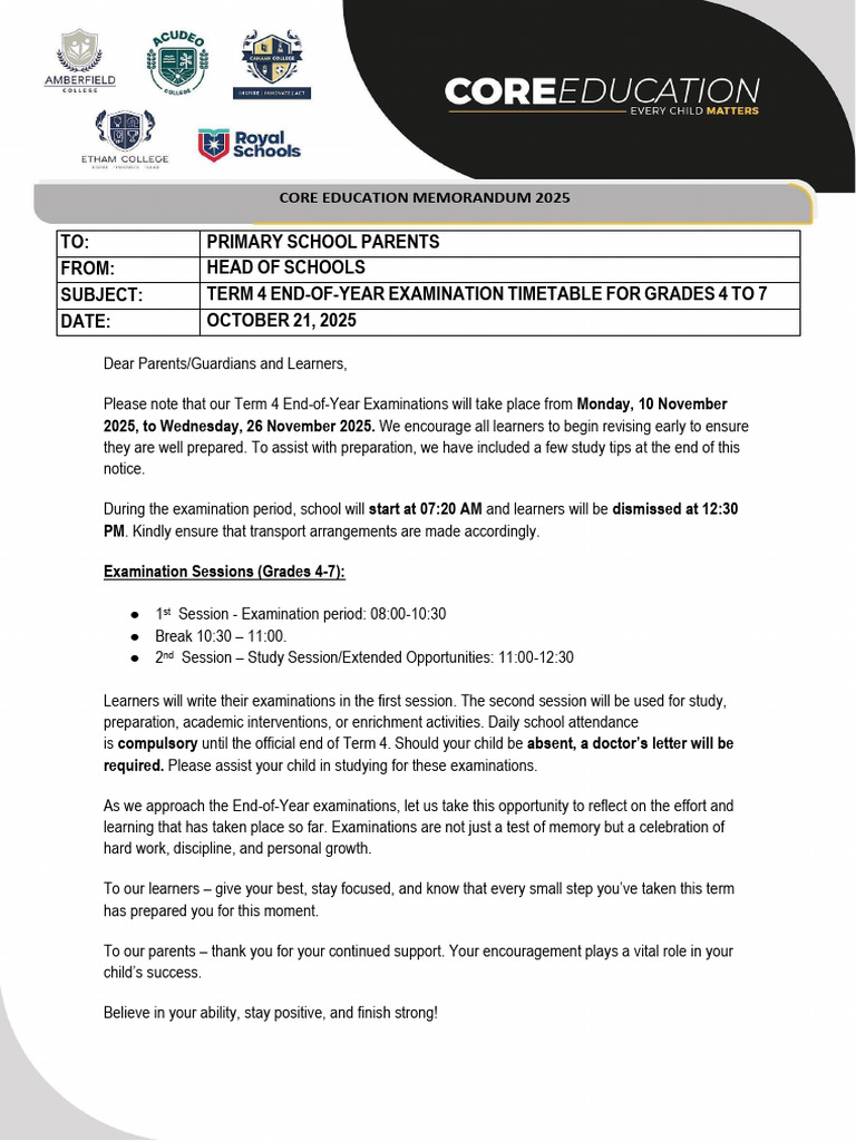 Final - Core Education Term 4 End-Of-Year Examination Timetable & Rules ...