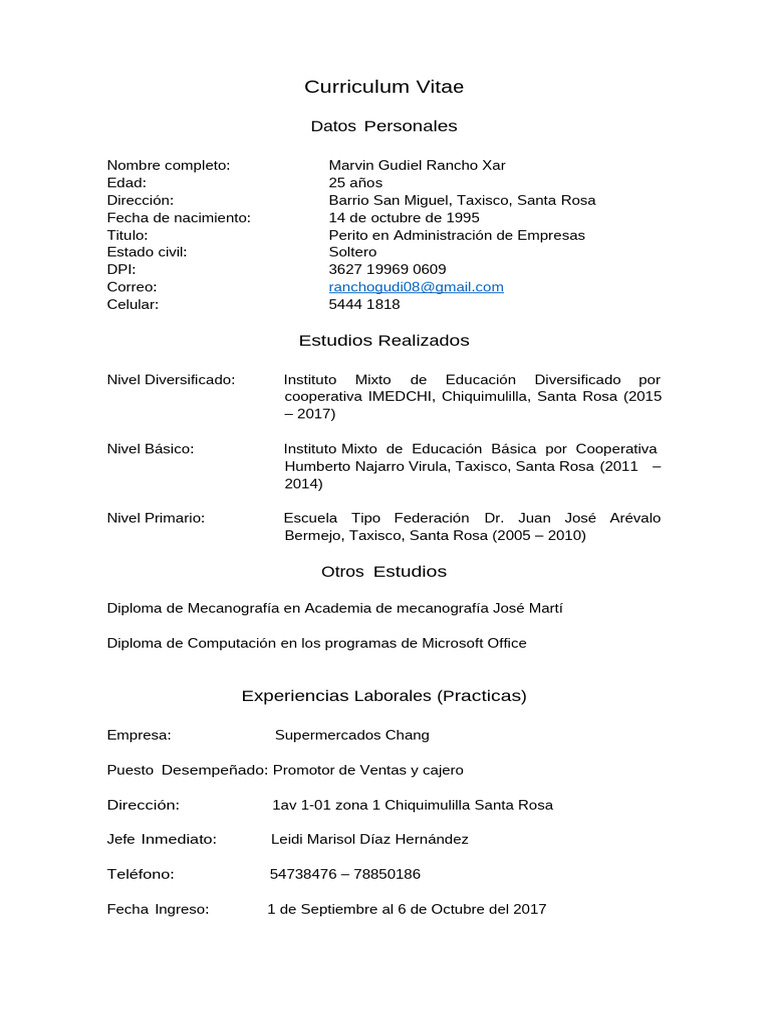 Curriculum Vitae Marvin Gudiel Rancho | PDF