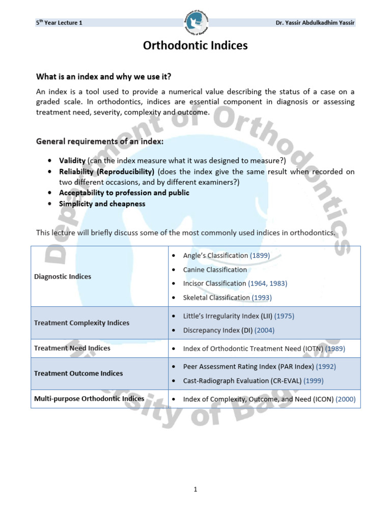 Essential Orthodontic Indices Overview | PDF | Dentistry Branches ...
