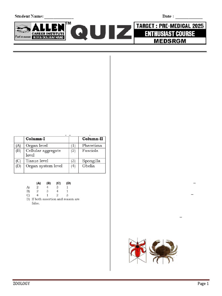 Animal Kingdom Quiz: Zoology Basics | PDF | Zoology | Anatomy