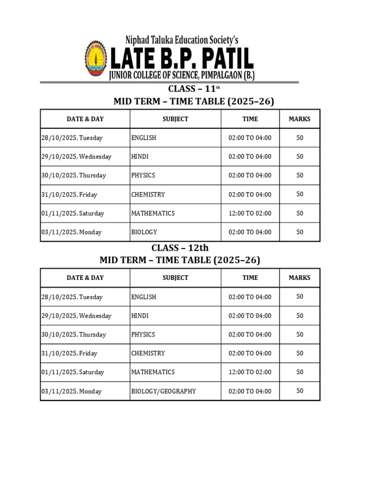 Mid Term Exam Time Table | PDF