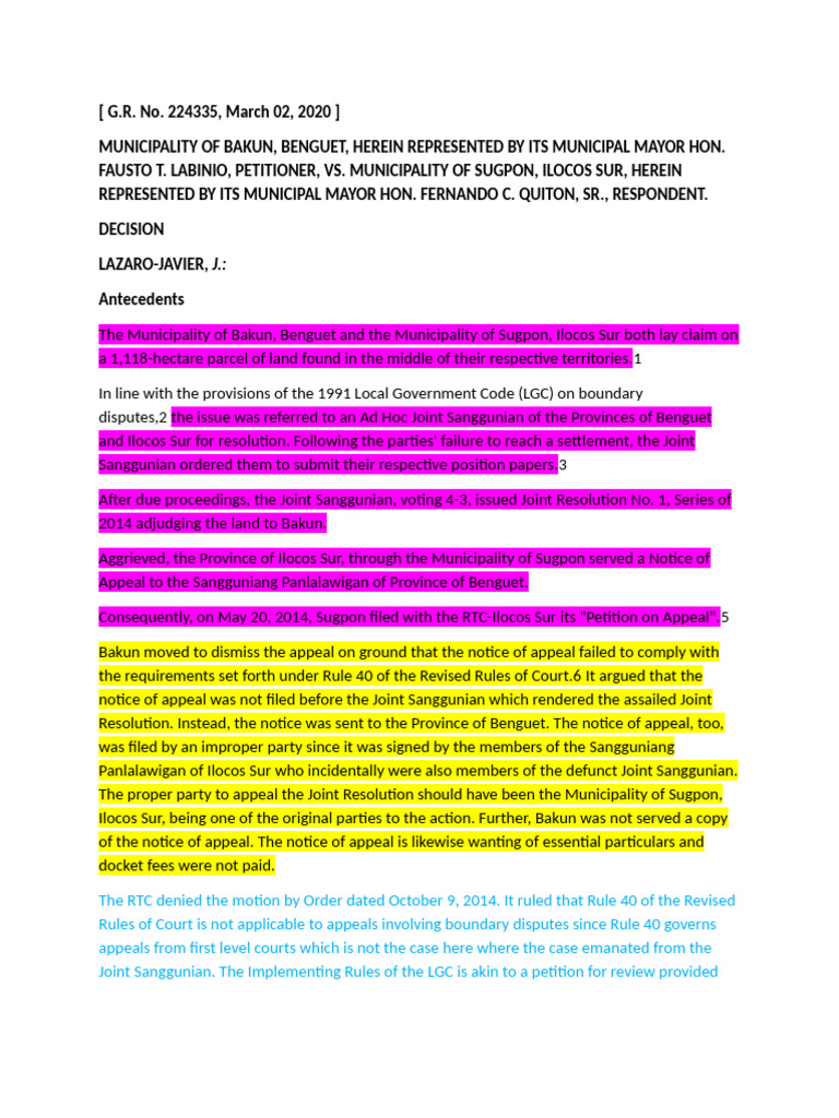 Bakun vs. Sugpon: Boundary Dispute Appeal | PDF | Jurisdiction ...