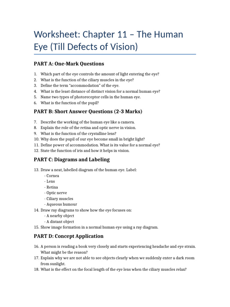 Chapter 11 Human Eye Worksheet Till Defects | PDF