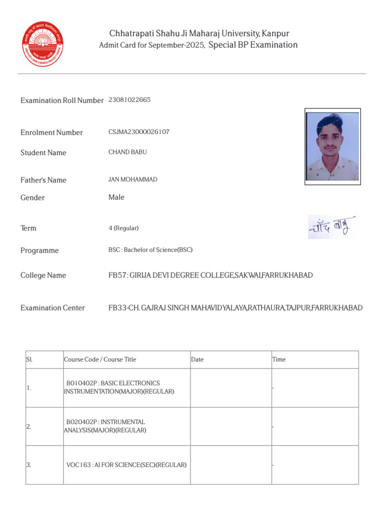 Csjmu - Samarth.edu - in Index - PHP Examstudent Hall-Admit-card View ...