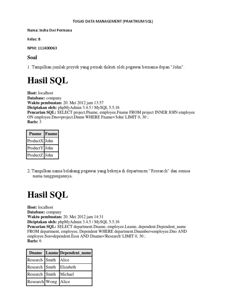 Tugas Data Management (Praktikum SQL) | PDF | Teknologi & Rekayasa
