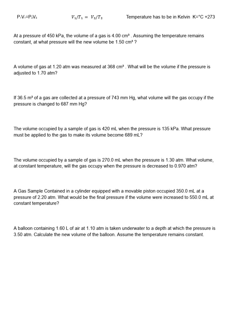 Boyle's and Charles' Law WS | PDF | Gases | Pressure