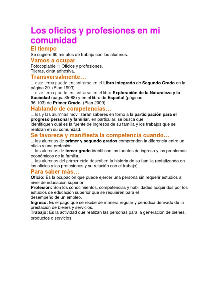 Los Oficios y Profesiones en Mi Comunidad | PDF