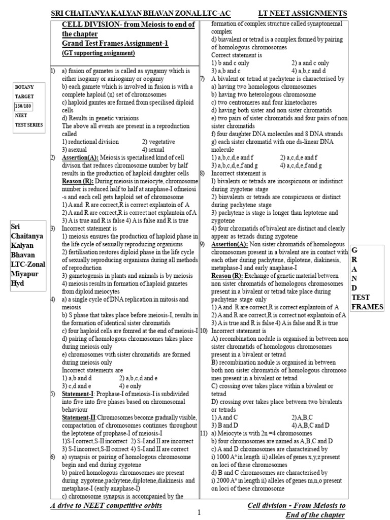 Cell Division - Meiosis To End of The Chapter GT Frames Assignment - 1 - 2025 | PDF | Meiosis ...