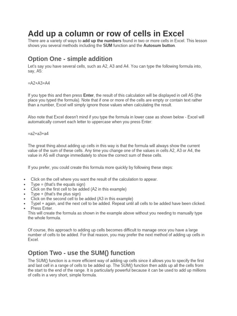 1.2 Add up a column or row of cells in Excel | PDF | Formula ...
