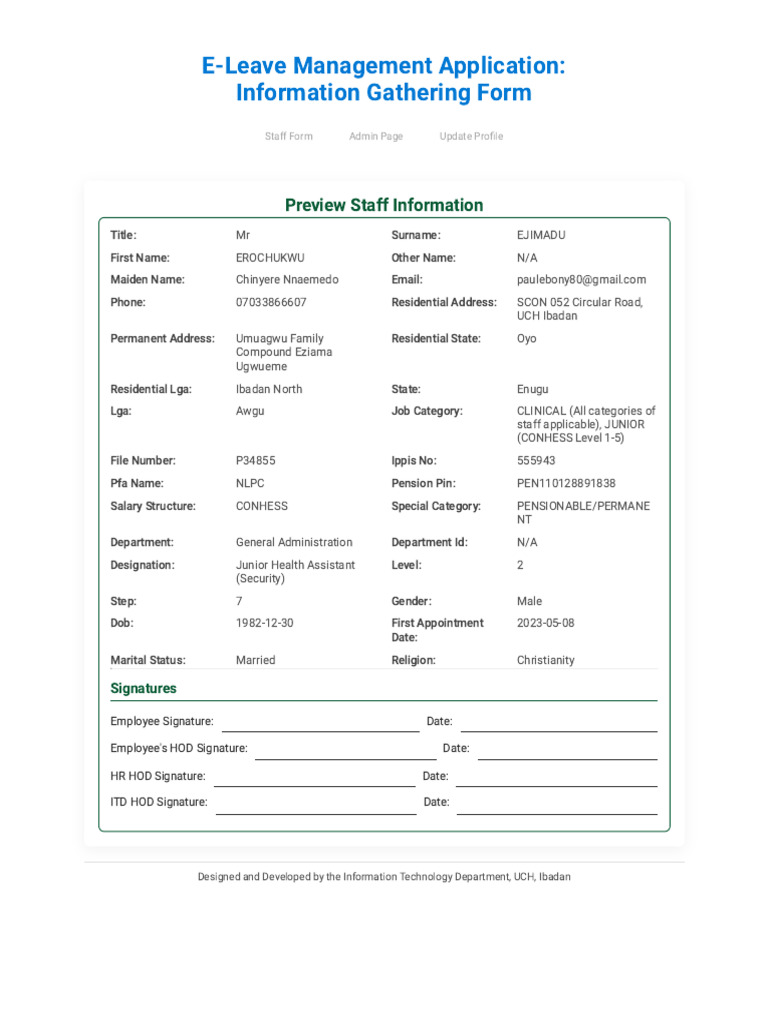 E-Leave EJIMADU Management Application - Information Gathering Form | PDF