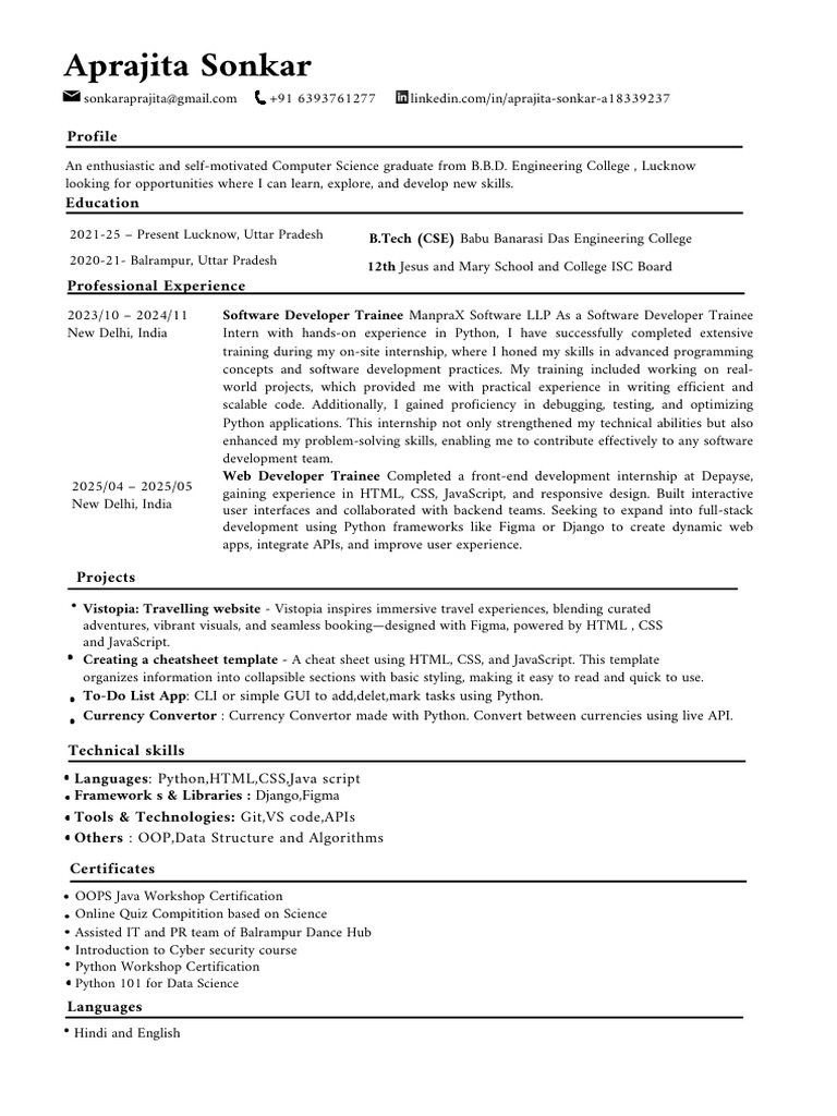 Aprajita Sonkar FlowCV Resume 20240823.pdf 3 PDF | PDF | Python (Programming Language) | Java Script