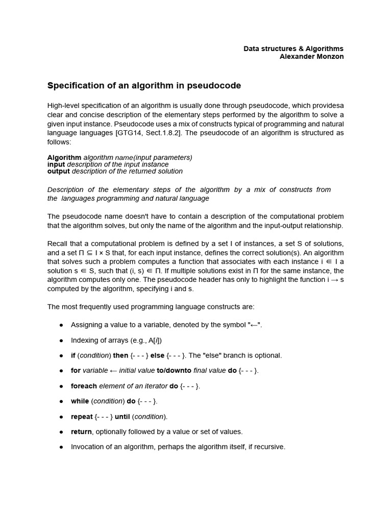 1 - Specification of An Algorithm in Pseudocode - 2526 | PDF | Algorithms | Control Flow