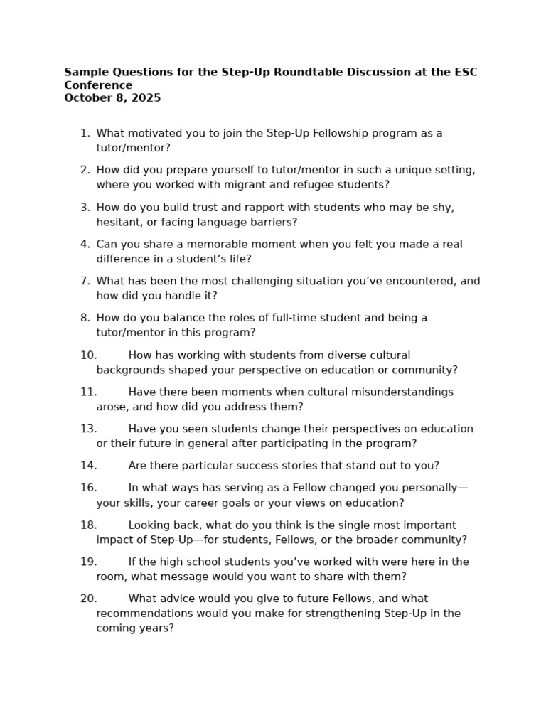 Sample Questions For The Step-Up Roundtable Discussion | PDF