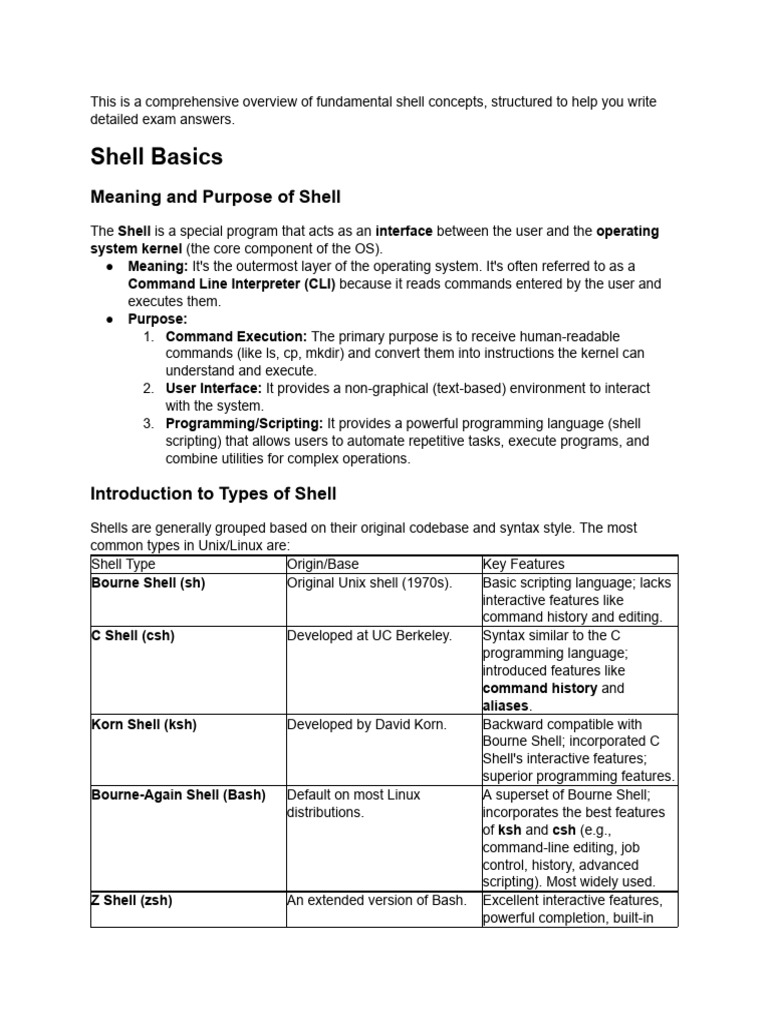 SHELL BASICS - Meaning and Purpose of Shell, Introd... | PDF | Command ...