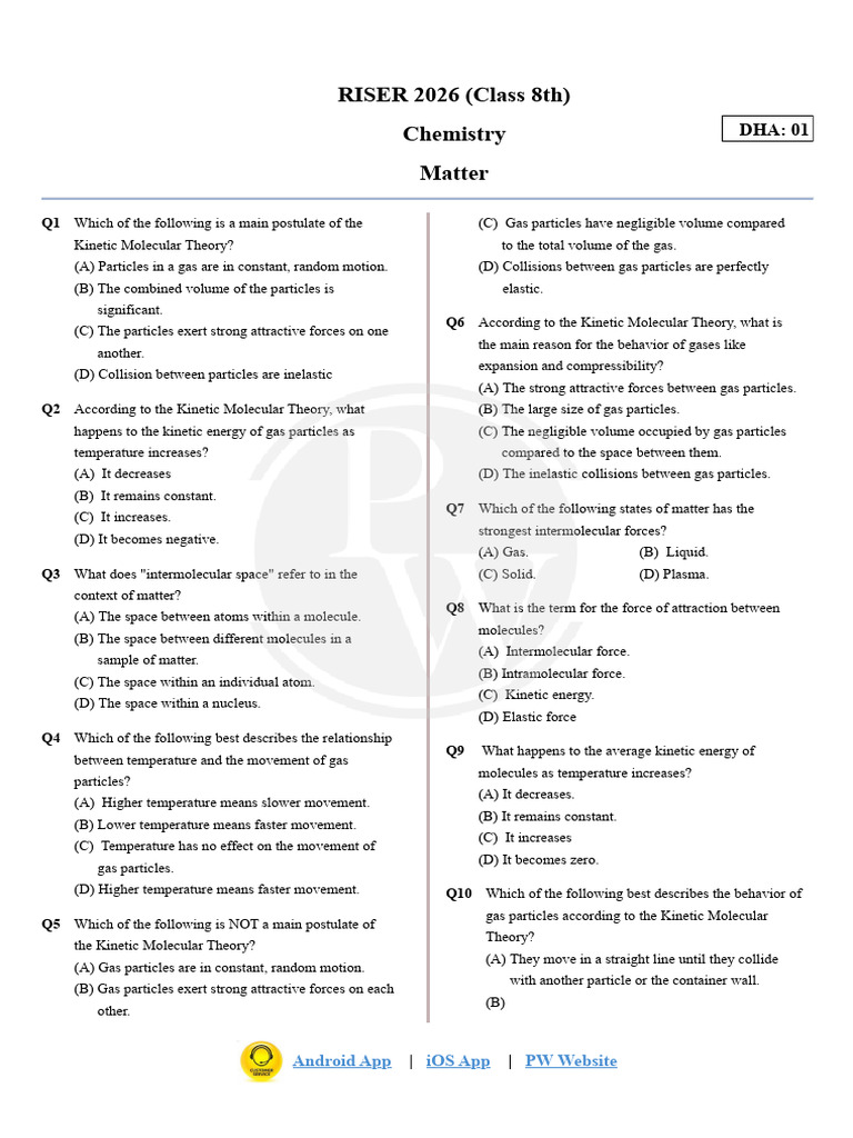 Matter - DHA 01 - RISER 2026 (Class 8th) | PDF | Gases | Molecules