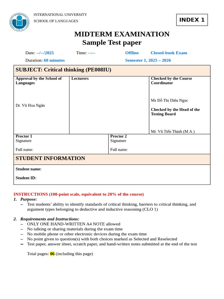 Critical Thinking - Sample Midterm Test (Since 2025) | PDF | Argument ...