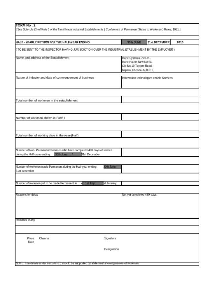 Tamil Nadu Half-Yearly Worker Return Form | PDF