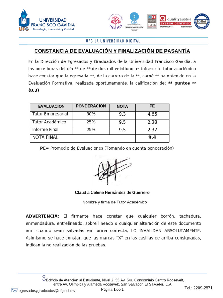 Constancia Evaluacion de Finalizacion de Pasantia | PDF