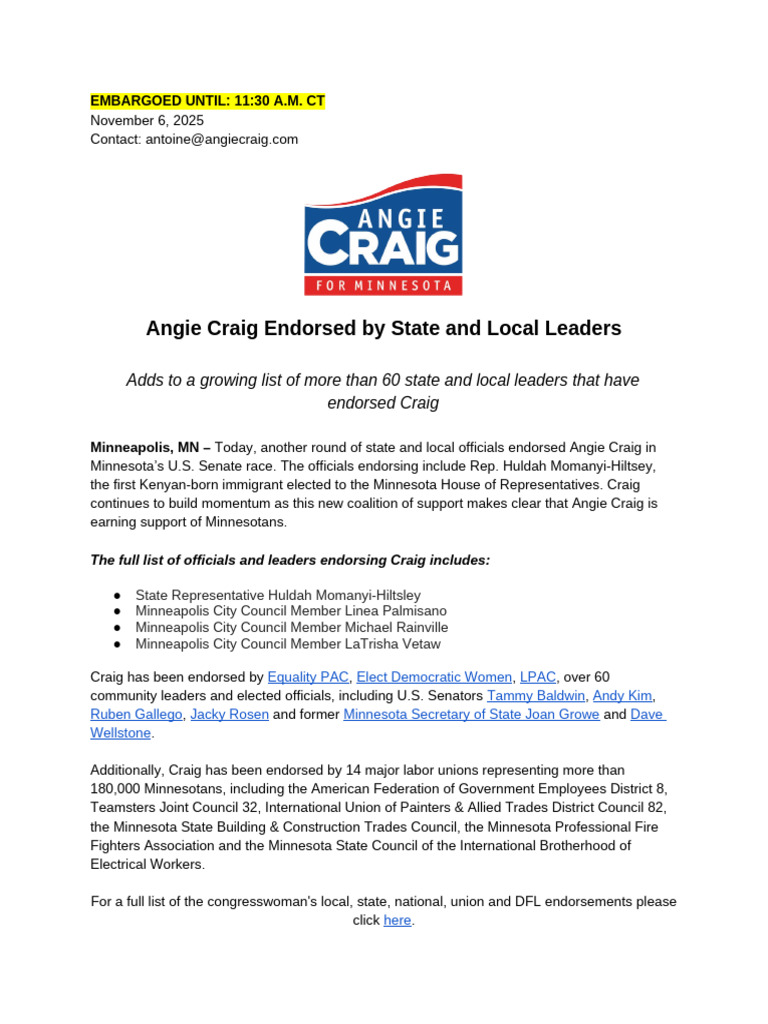 Angie Craig Gains Key Endorsements | PDF