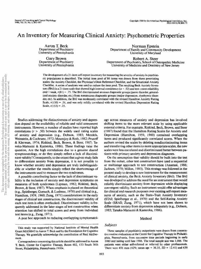 Beck - An Inventory For Measuring Clinical Anxiety Psychometric ...