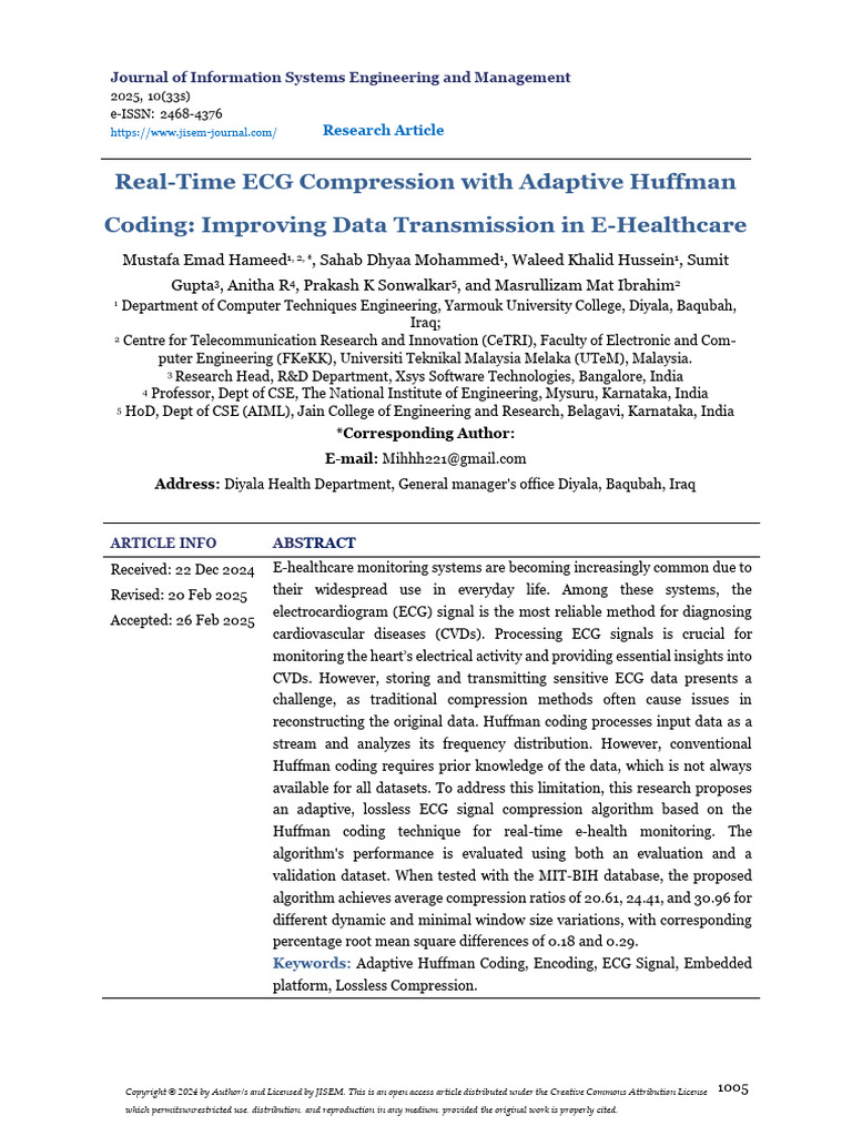 Real-Time ECG Compression With Adaptive Huffman Coding: Improving Data Transmission in E ...