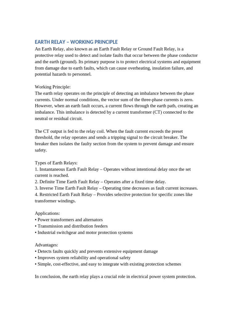 Earth Fault Relay: Function & Principles | PDF