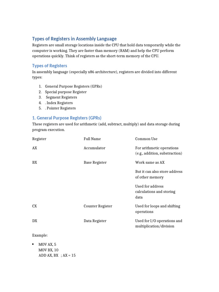 Types of Registers in Assembly Language | PDF | Pointer (Computer Programming) | Assembly Language