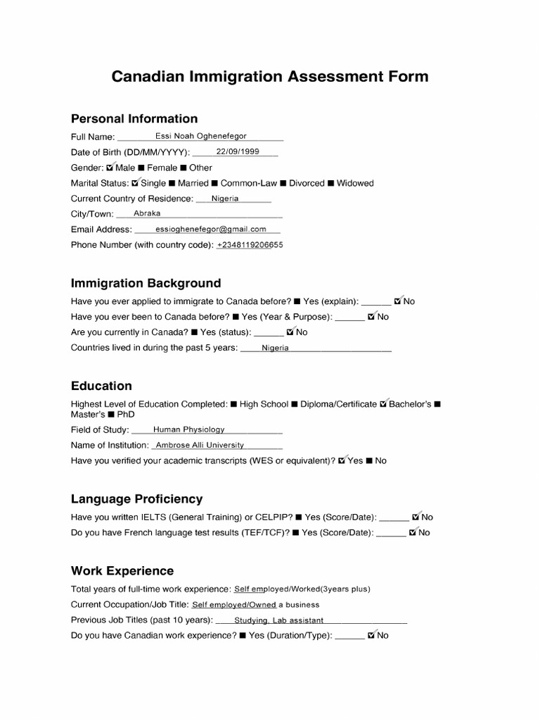 Canadian Immigration Assessment Form-2 | PDF