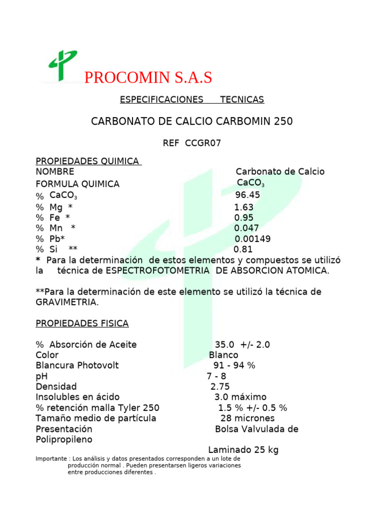 Especificaciones Procomin 250 | PDF