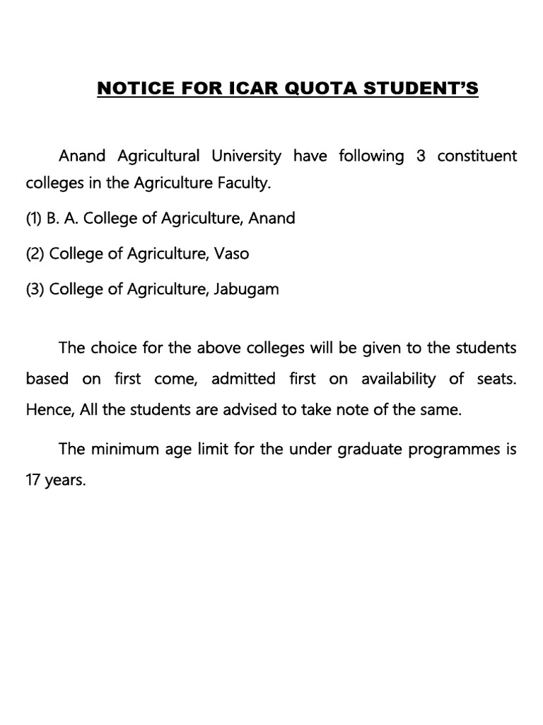 Notice For Icar Quota Students Reg Oct 2025 | PDF