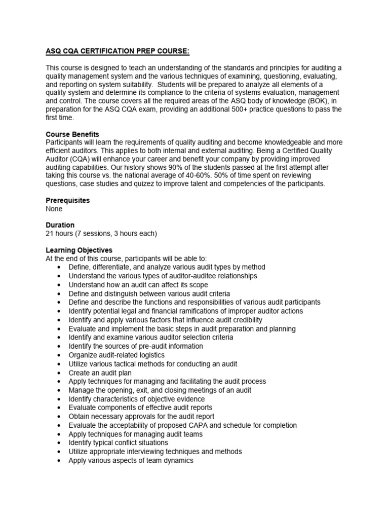 ASQ CQA Certification Prep Course Guide | PDF | Audit | Auditor's Report