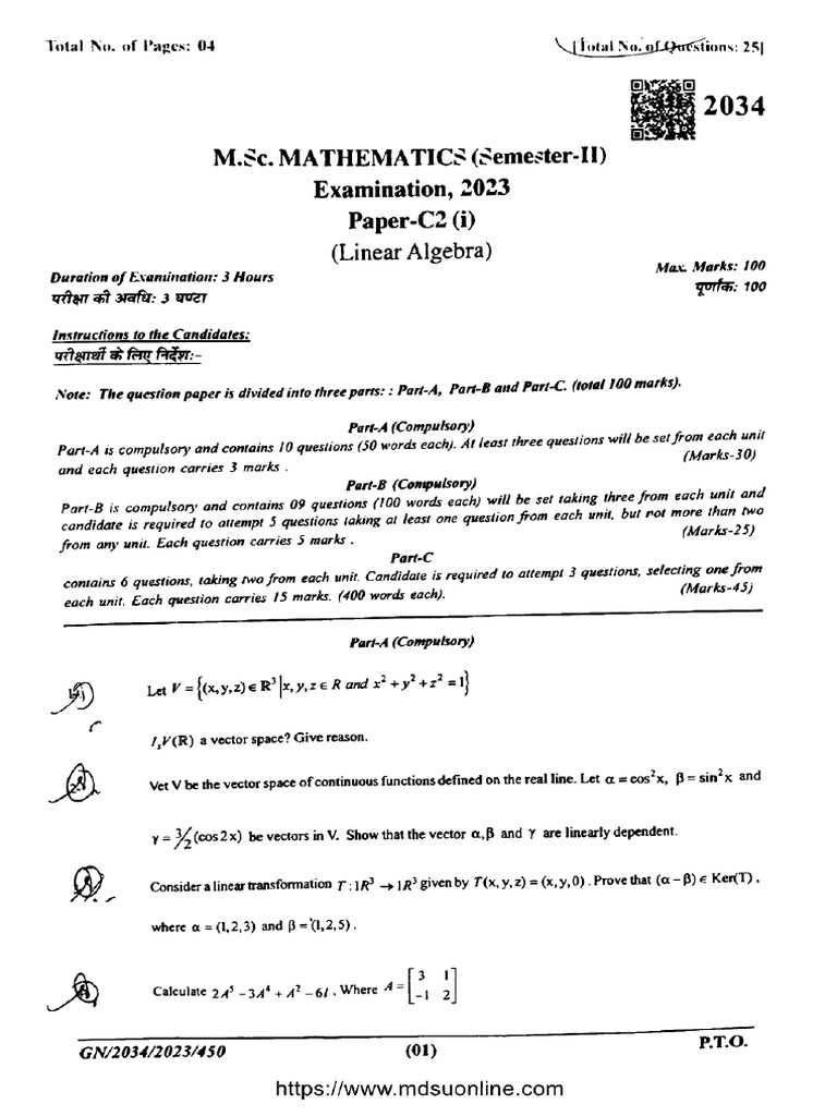 MSC 2 Sem Mathematics p1 Linear Algebra 2034 2023 | PDF